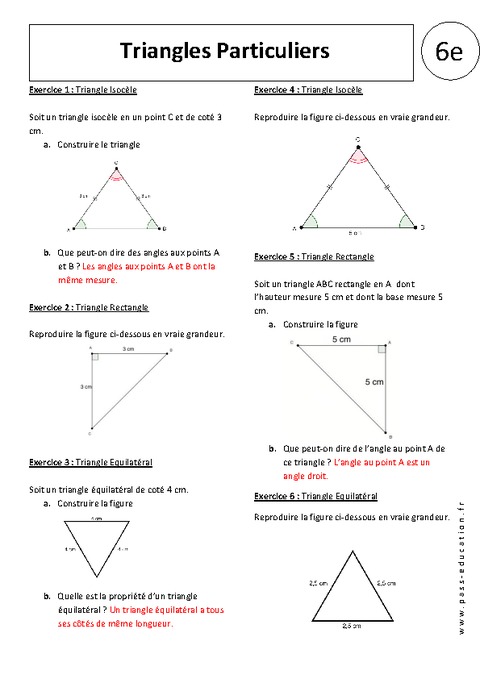 Triangle isocèle - Triangle rectangle - Triangle équilatéral - Exercices corrigés - 6ème - Pass ...