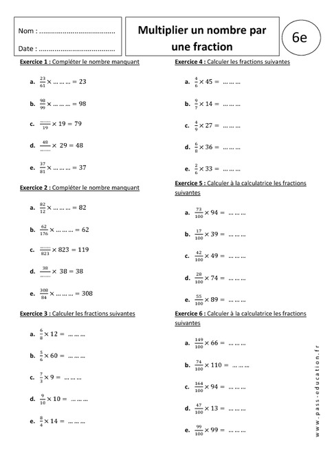 Multiplier un nombre par une fraction – Exercices corrigés – 6ème ...