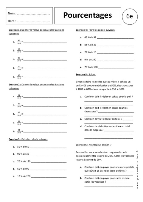 Pourcentages – 6ème - Exercices corrigés - Ecritures fractionnaires ...
