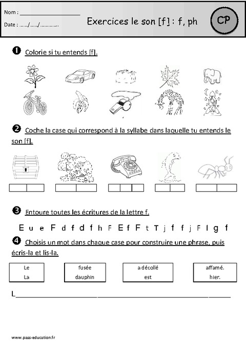 Exercices – Son f – Cp – Etude des sons – Cycle 2 - Pass Education