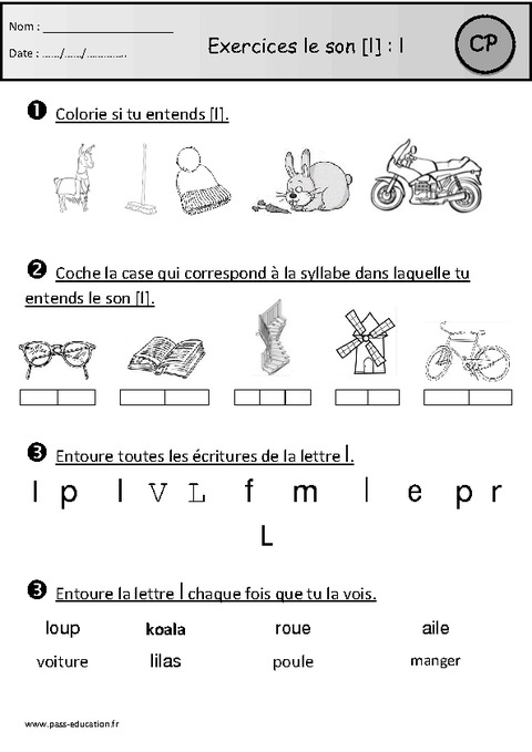 Exercices – Son l – Cp – Etude des sons – Cycle 2 - Pass Education