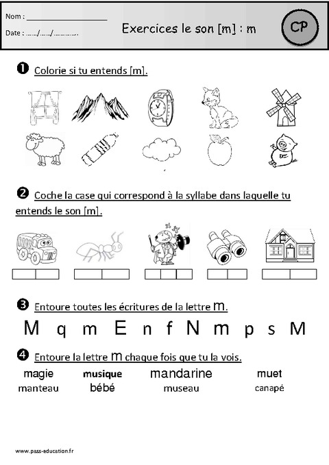 Exercices – Son m – Cp - Etude des sons – Cycle 2 - Pass Education