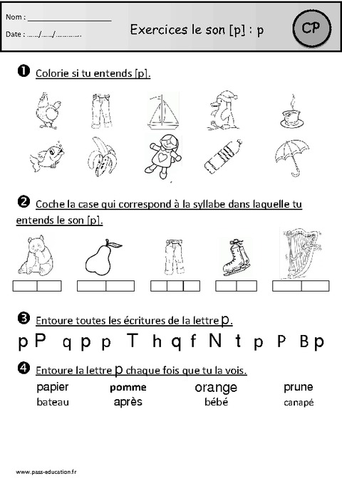 Exercices – Son p – Cp – Etude des sons – Cycle 2 - Pass Education