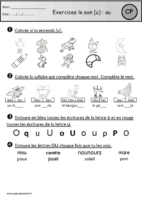 Exercices – Son u - ou – Cp – Etude des sons – Cycle 2 - Pass Education