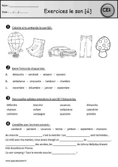 Exercices - Son ɑ̃ - an - am - en - em - Ce1 – Cycle 2 - Pass Education