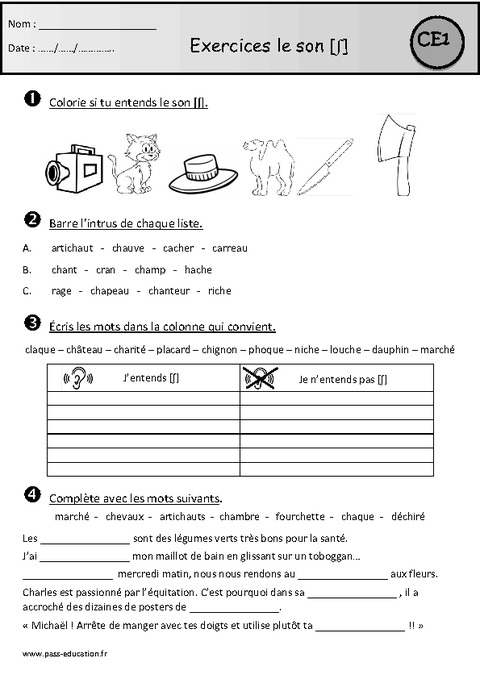 Exercices - Son ch – Ce1 – Cycle 2 - Etude des sons - Pass Education