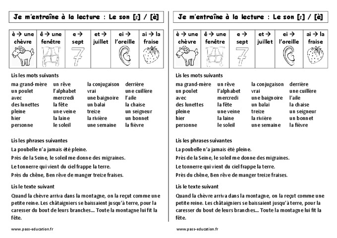Fiche de lecture - Son [ɛ] / [è] - è - ê - e - et - ei - ai – Ce1 ...