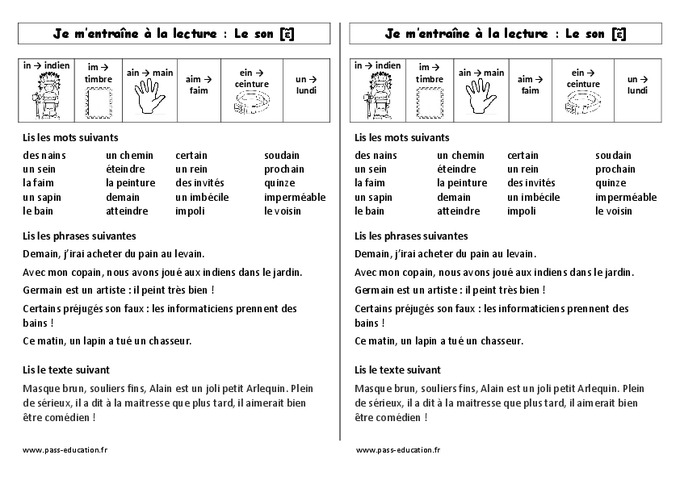 Fiche de lecture – Son [ɛ̃] – in – im – ain – aim – ein – un – Ce1 ...