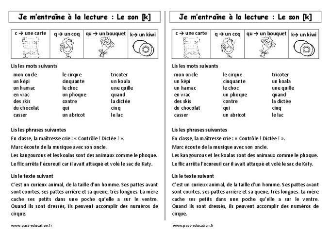 Fiche de lecture – Son [k] – c – q – qu – k – Ce1 – Cycle 2 – Etude des ...