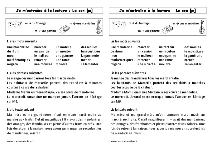Fiche de lecture – Son m – Ce1– Cycle 2 - Etude des sons - Pass Education