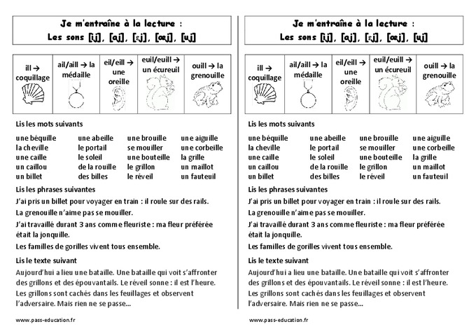 Fiche de lecture – ill -ail,aill – eil,eill – euil,euill – ouill – Ce1 ...