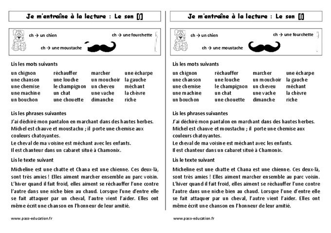 Fiche de lecture - Son ch – Ce1 – Cycle 2 - Etude des sons - Pass Education