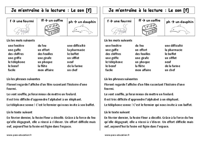 Fiche de lecture - Son [f] - f - ff - ph – Ce1– Etude des sons - Pass ...