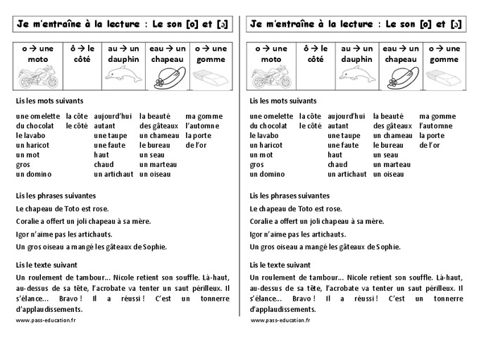 Fiche de lecture - Son [o] et [ɔ] - o - ô - au - eau - o – Ce1 – Etude ...