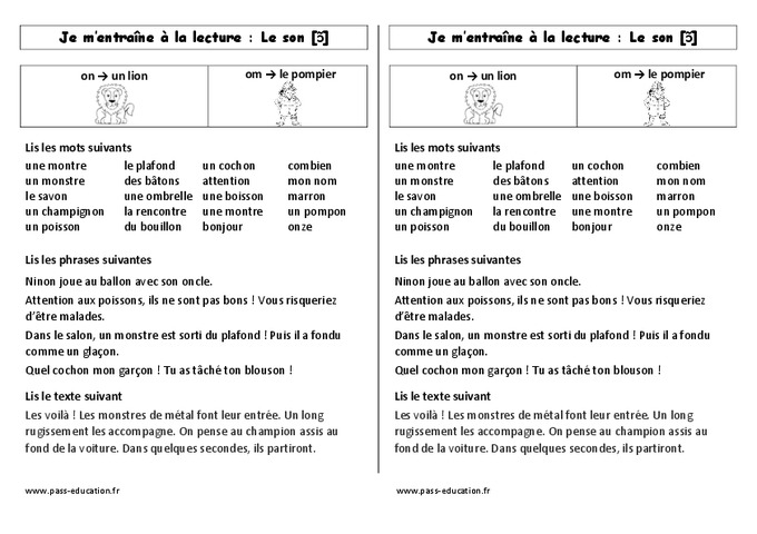Fiche de lecture - Son [ɔ̃] - on - om – Ce1 – Cycle 2 - Etude des sons ...