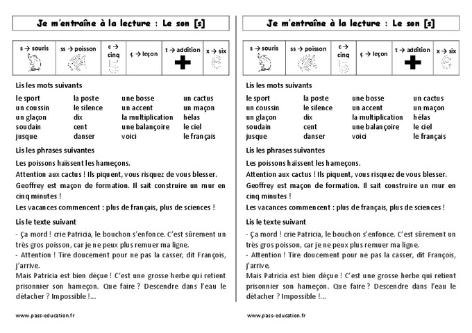 Fiche de lecture - Son [s] – s - ss - c - ç - t - x - Ce1 – Etude des ...