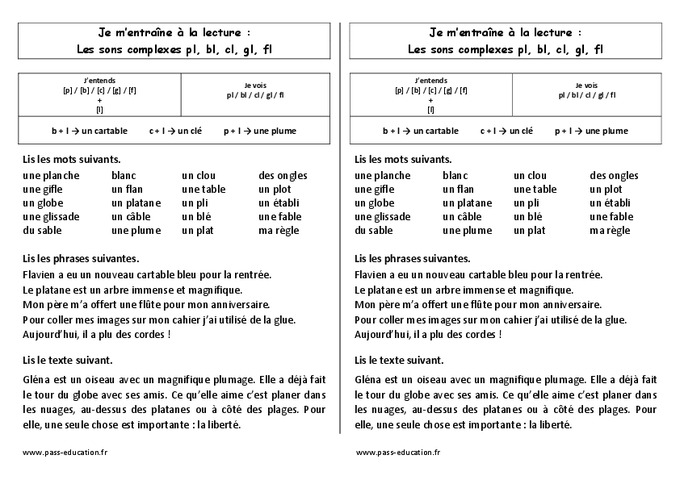 Fiche de lecture - Sons complexes pl, bl, cl, gl, fl - Ce1 – Cycle 2 - Etude des sons - Pass ...
