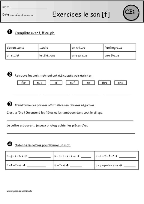 Révisions - Son [f] - f - ff - ph – Ce1 – Etude des sons - Pass Education