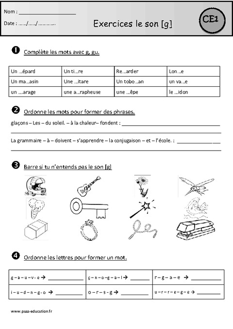 Révisions - g - gu – Ce1 – Cycle 2 - Etude des sons - Pass Education