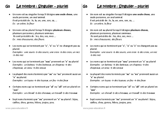 Singulier – Pluriel - Le nombre – Ce1 - Leçon - Pass Education