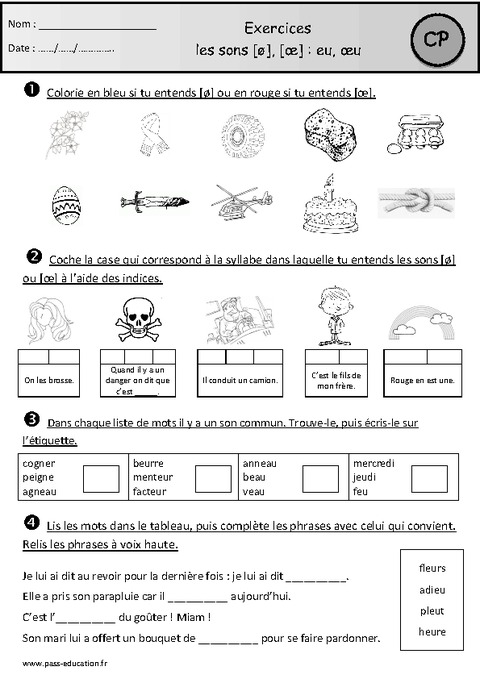 Exercices – Son œ : eu, œu ouvert et fermé - Cp – Etude des sons ...