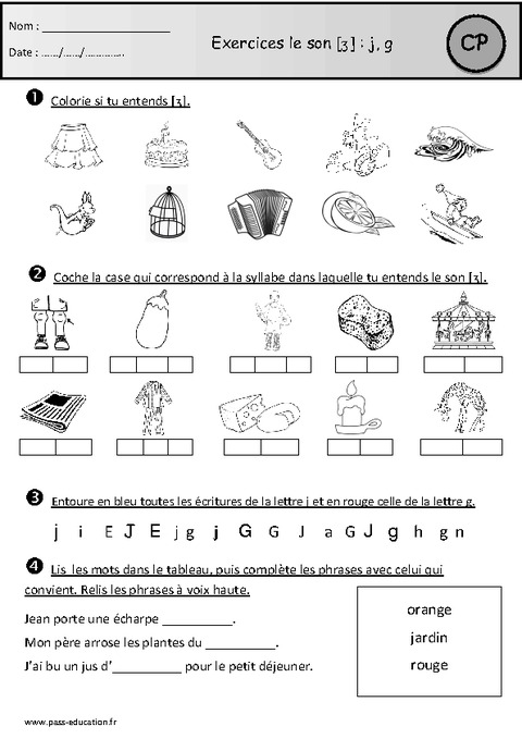 Exercices – Son ʒ : j, g – Cp – Etude des sons – Cycle 2 - Pass Education