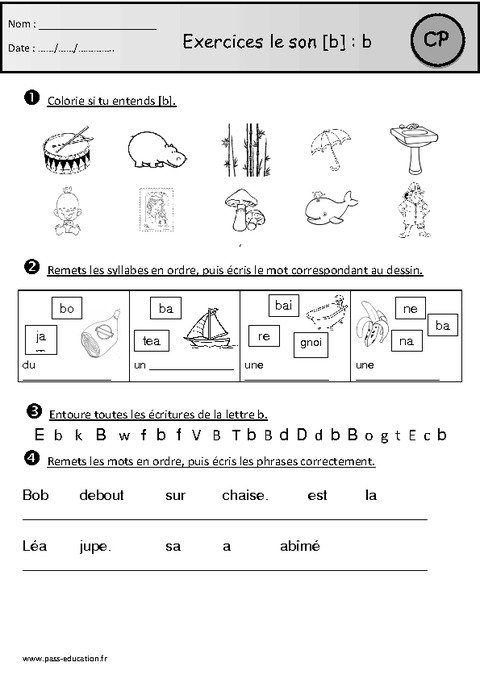 Exercices – Son b – Cp – Etude des sons – Cycle 2 - Pass Education