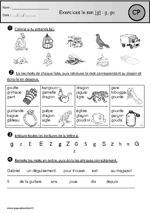 Exercices – Son g, gu – Cp – Etude des sons – Cycle 2 - Pass Education