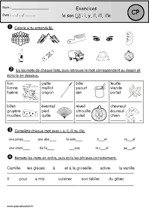 Exercices – Son j : i, y, il, ill, ille – Cp – Etude des sons – Cycle 2 ...