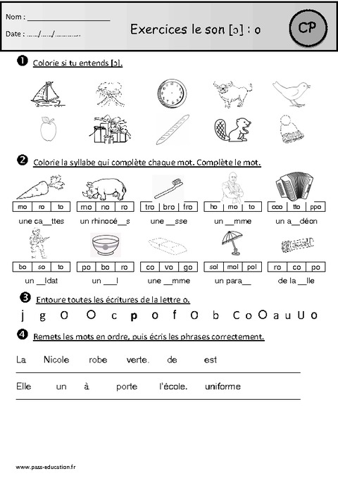Exercices – Son o ouvert – Cp - Etude des sons – Cycle 2 - Pass Education