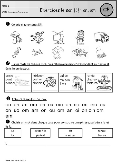 Exercices – Son on - om – Cp – Etude des sons – Cycle 2 - Pass Education