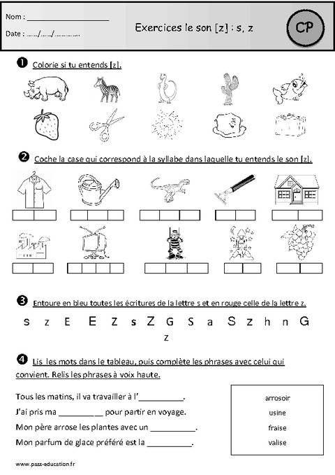 Exercices – Son z – Cp – Etude des sons – Cycle 2 - Pass Education