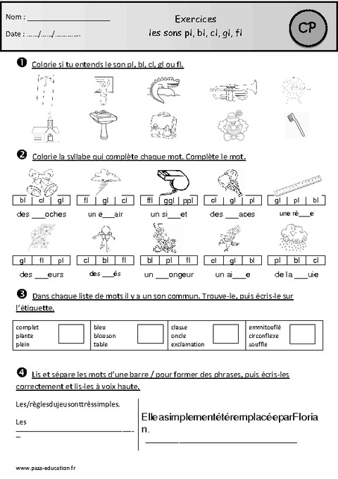 Exercices – Sons pl, bl, cl, gl, fl – Cp – Etude des sons – Cycle 2 - Pass Education