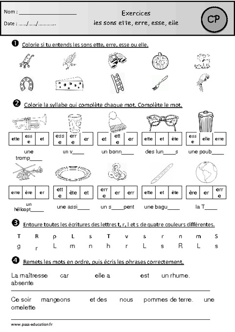 Exercices - Sons ette, erre, esse, elle – Cp – Etude des sons – Cycle 2 ...
