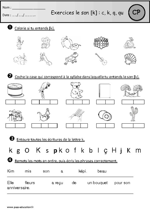 Exercices – Son k : c, k, q, qu – Cp – Etude des sons – Cycle 2 - Pass Education