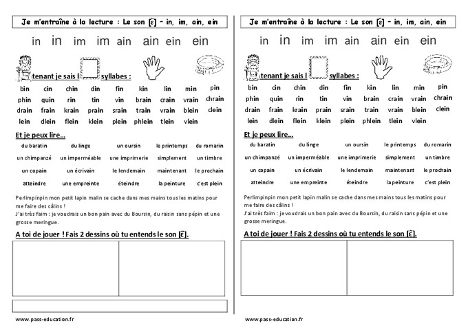 Fiche de lecture – Son in, im, ain, ein – Cp – Etude des sons – Cycle 2 ...