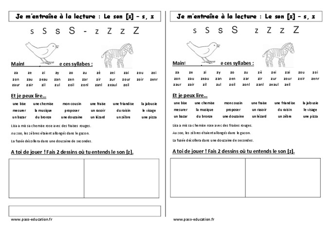 Fiche de lecture – Son z – Cp – Etude des sons – Cycle 2 - Pass Education