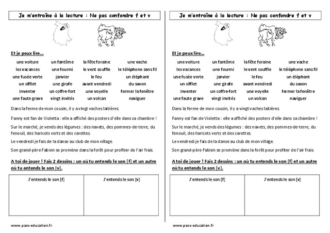Fiche de lecture - Ne pas confondre f et v – Cp – Etude des sons ...