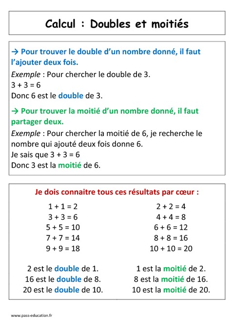 Doubles et moitiés – Cp – Affiche pour la classe – Calcul – Cycle 2 ...
