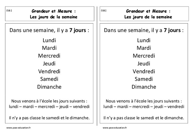 Jours de la semaine - Cp - Leçon - Pass Education