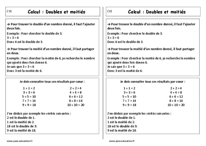 Doubles et moitiés - Cp - Leçon - Pass Education