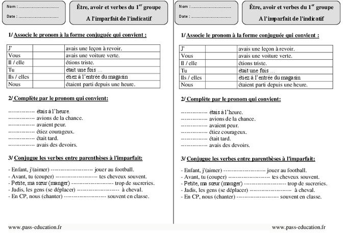Être, avoir - Verbes du 1er groupe – Imparfait - Ce2 – Exercices - Pass ...