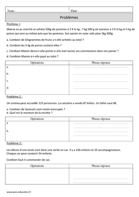 4 opérations – Cm1 – Problèmes – Exercices avec correction - Pass Education