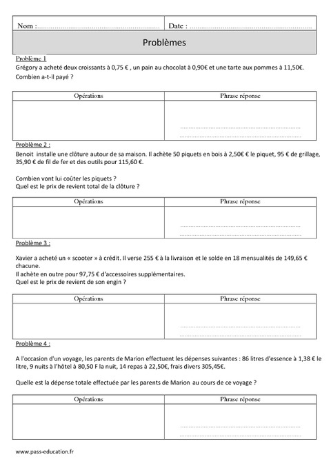 Addition de décimaux – Cm1 – Problèmes - Exercices à imprimer - Pass Education