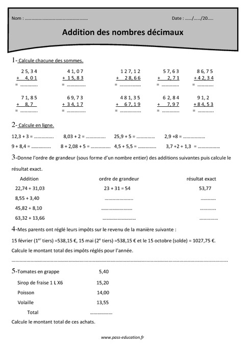 Addition des nombres décimaux - Cm1 - Exercices à imprimer - Pass Education Addition des nombres décimaux - Cm1 - Exercices à imprimer - Pass Education
