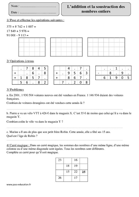 Addition et soustraction des nombres entiers – Cm2 – Exercices avec ...