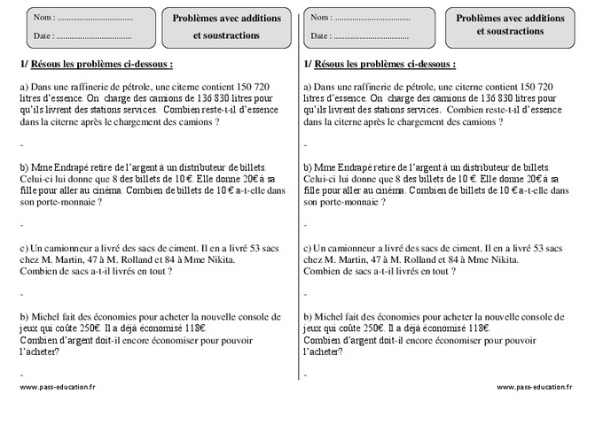 Additions - Soustractions – Ce2 – Problèmes à imprimer - Pass Education