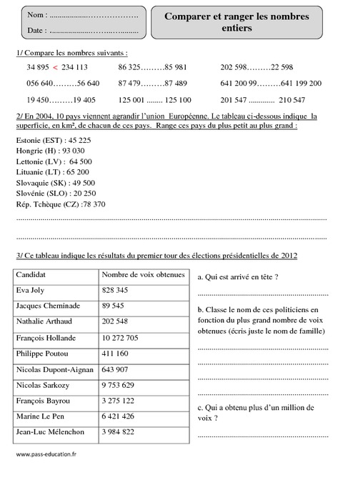 Comparer et ranger les nombres entiers – Cm2 – Révisions à imprimer ...