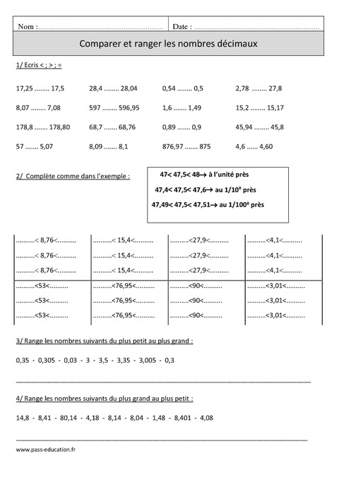 Comparer, ranger les nombres décimaux - Cm1 – Exercices à imprimer ...