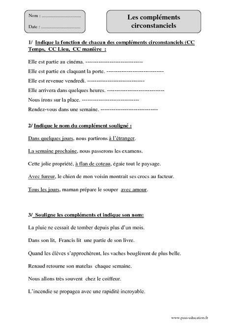 Compléments circonstanciels – Cm2 – Fiche d’exercices avec correction ... Compléments circonstanciels – Cm2 – Fiche d’exercices avec correction ...